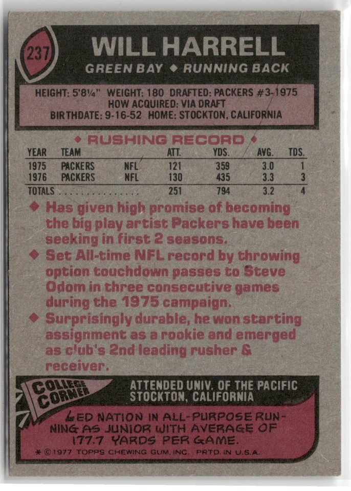 1977 Topps Will Harrell #237 Green Bay Packers VGEX | eBay