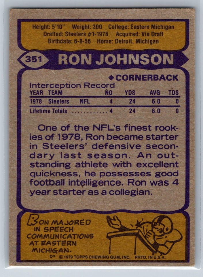 1979 Topps Ron Johnson Rookie Pittsburgh Steelers RC #351 | eBay