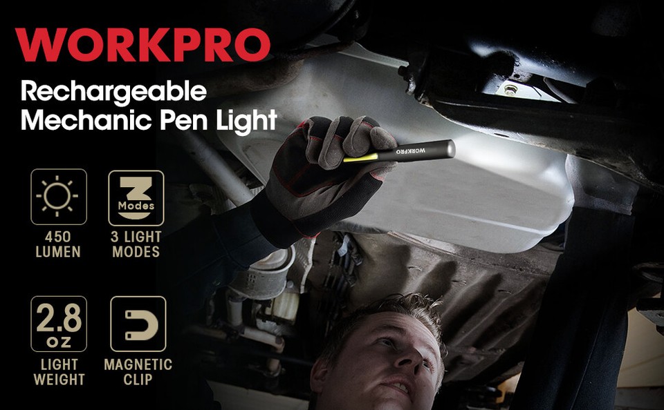 WORKPRO LED Flashlight UV Black Light Pocket Pen Light 450 Lumen USB ...