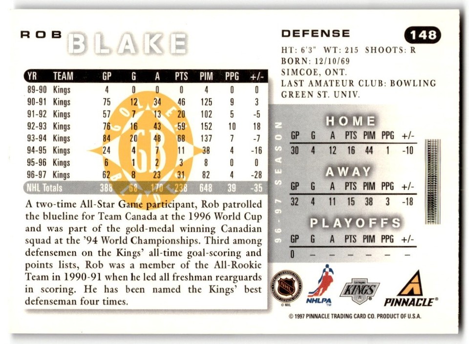 Rob Blake 1997-98 Score Golden Blades #148 Los Angeles Kings | eBay
