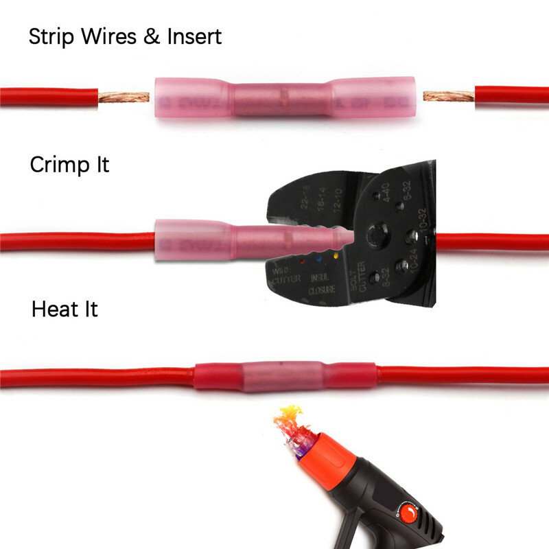 100PCS Red 18-22 Gauge Heat Shrink Butt Wire Connectors Crimp Terminals ...