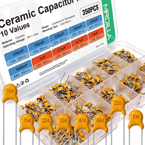 10 Values 350 Pcs Ceramic Capacitor Kit (100nF - 10uF), Multi-Layered ...