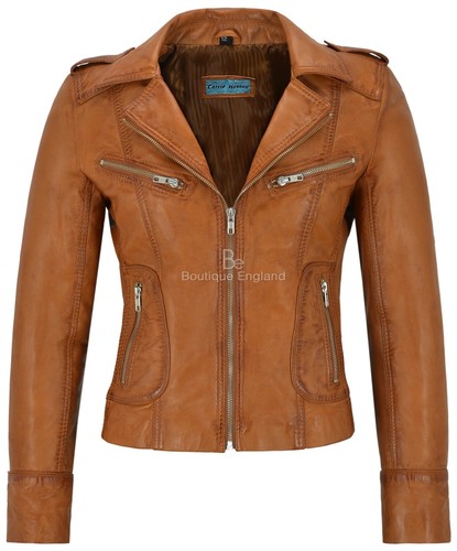 Ladies Real Leather Jacket Tan Napa Biker Motorcycle Style 9823 | eBay UK