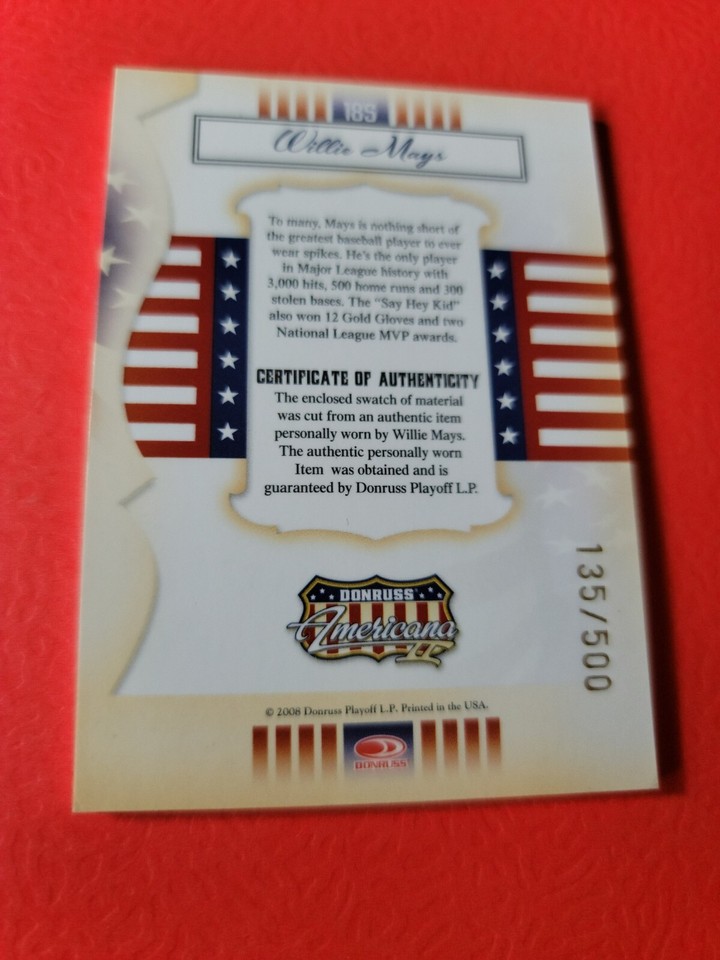 WILLIE MAYS WORN RELIC SWATCH CARD #135/500 SAN FRANCISCO GIANTS METS ...