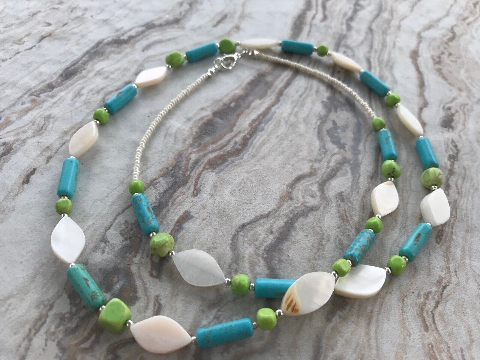 Handmade Necklace of Green Chalk Turquoise, Blue Magnesite and White ...