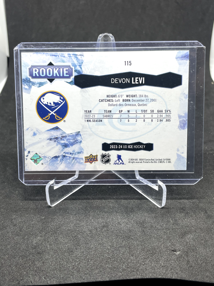 2023-24 Upper Deck Ice Devon Levi Rookie Greyscale /99 #115 Buffalo ...