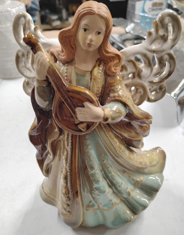 Retro 1960s 70s Ceramic Angel Musical Figurine Lute Mandolin Instrument ...