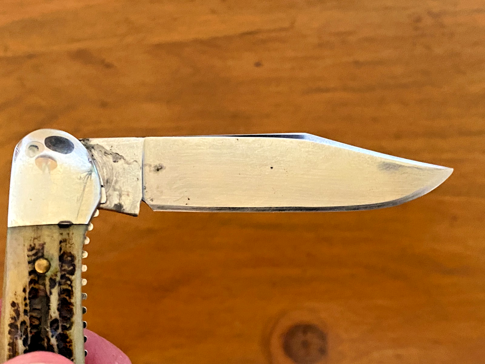 Queen Pattern No. 41L Folding Hunter Lock Blade Knife Stag Bone Handle ...