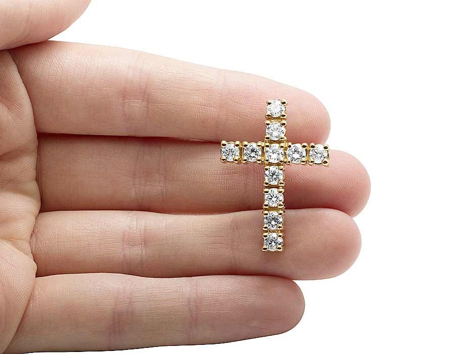 14K Yellow Gold Genuine Diamond One Row Solitaire Cross Pendant 2 1/5 ...
