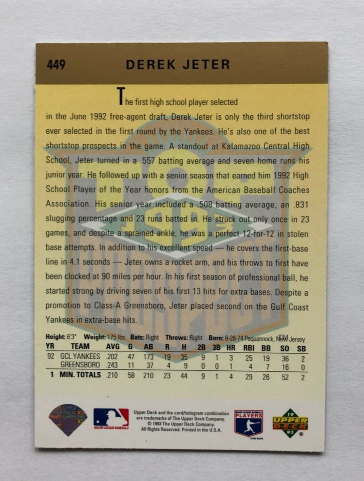 DEREK JETER #449 - 1993 ROOKIE CARD UPPER DECK "1993 TOP PROSPECT" VERY ...