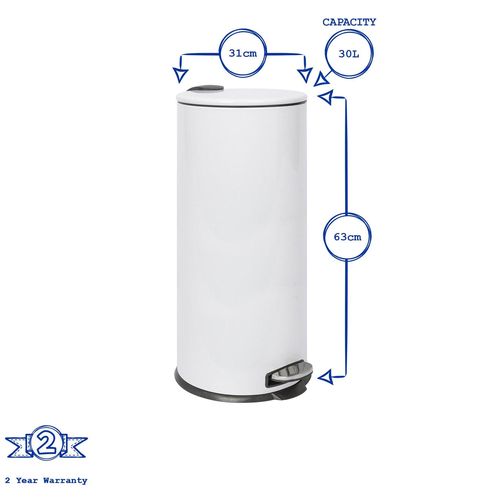 1x Brushed 30L Round Stainless Steel Kitchen Pedal Bin Rubbish Waste ...