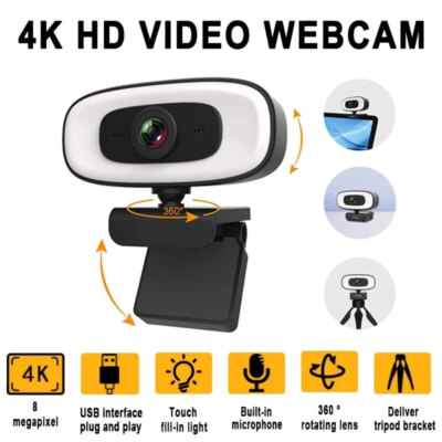 4K HD 1080P Webcam Fill Light Web Camera With Microphone for PC Latop ...