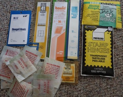 STAMP HINGES, 12 PACKS OF 300, MADE IN G. B. + HINGES & MOUNTS SOME ...