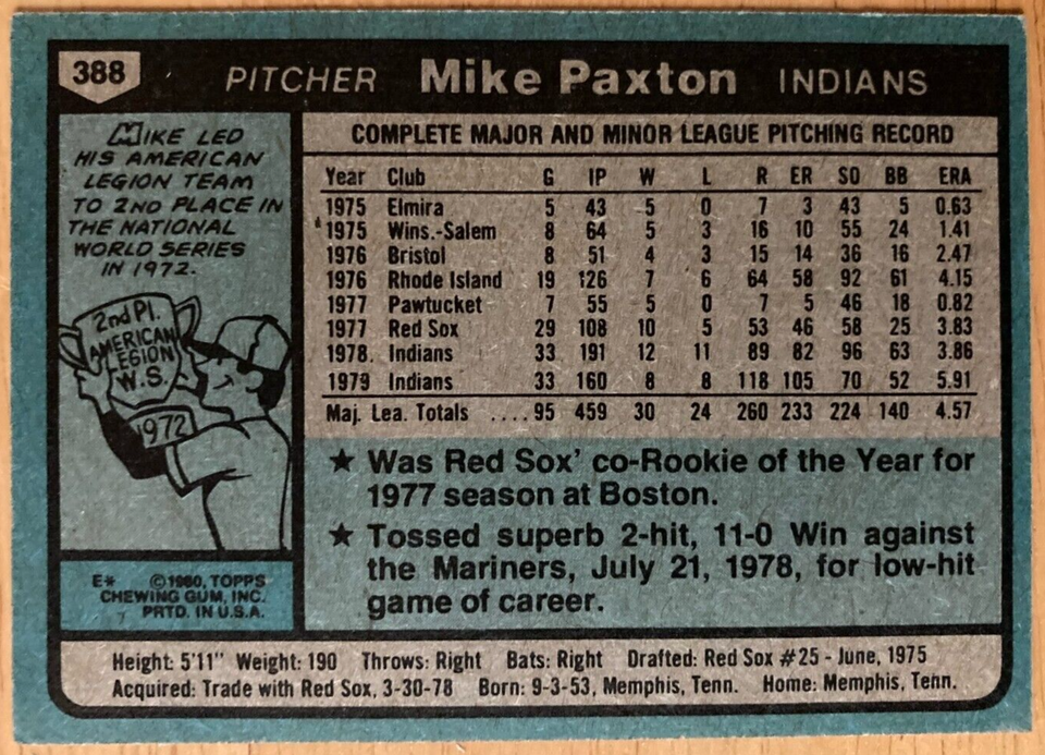 1980 Topps #388 Mike Paxton Cleveland Indians | eBay