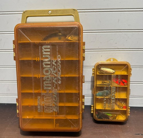 2 Vintage PLANO Mini Magnum 3215N & 3213 TACKLE BOXES 2 Sided USA w ...