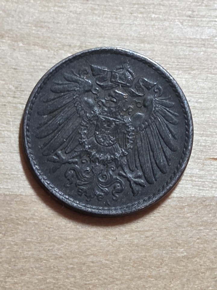 Germany 5-pfennigs coin, 1921 A. KM# 19, zinc clad iron. Type 2 - small ...