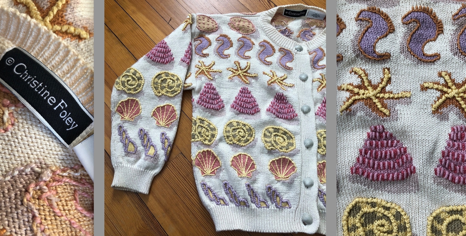 VTG CHRISTINE FOLEY WHITE 3D PASTEL SEASHELLS SWEATER… - Gem