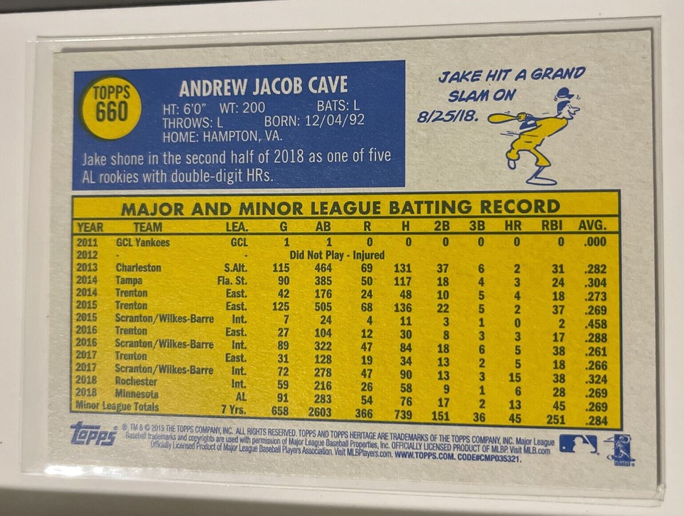 2019 Topps Heritage 660 Jake Cave Minnesota Twins Rookie Baseball Card ...