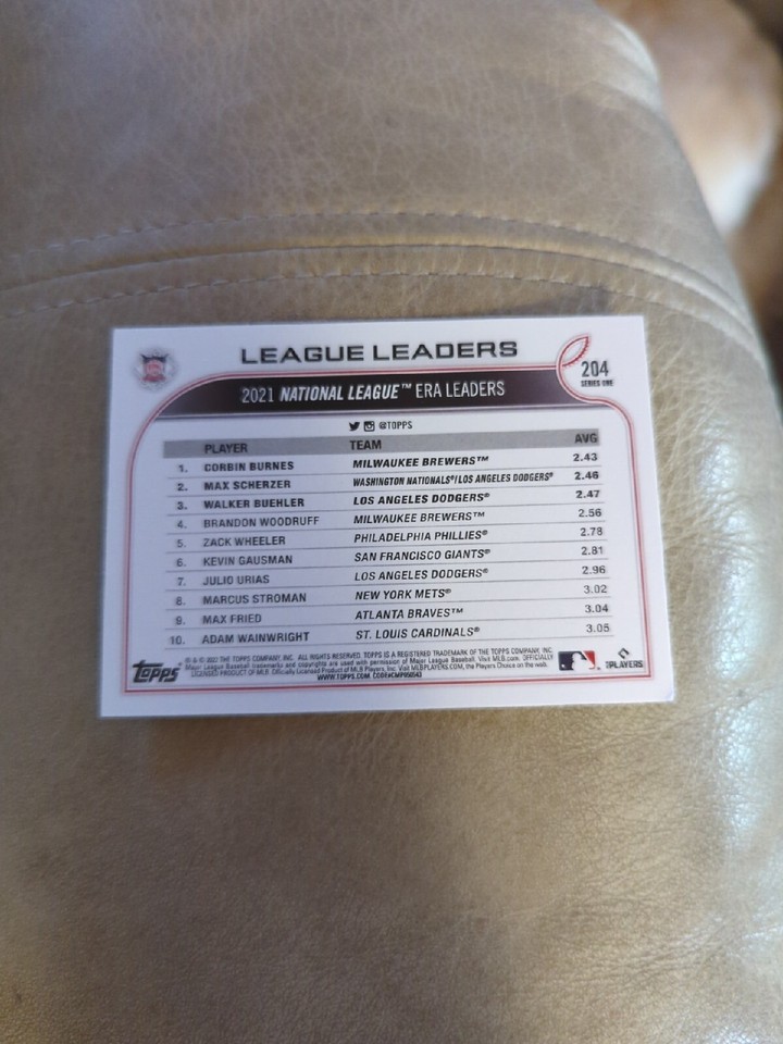 2022 Topps #204 Corbin Burnes/Max Scherzer/Walker Buehler LL Brewers ...