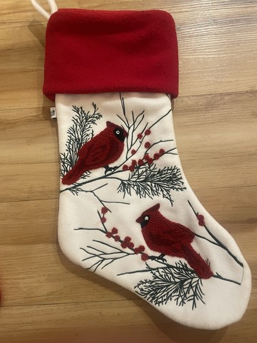 Christmas Stocking Cardinal Birds Embroidered Birds On Berry Vines 3D ...