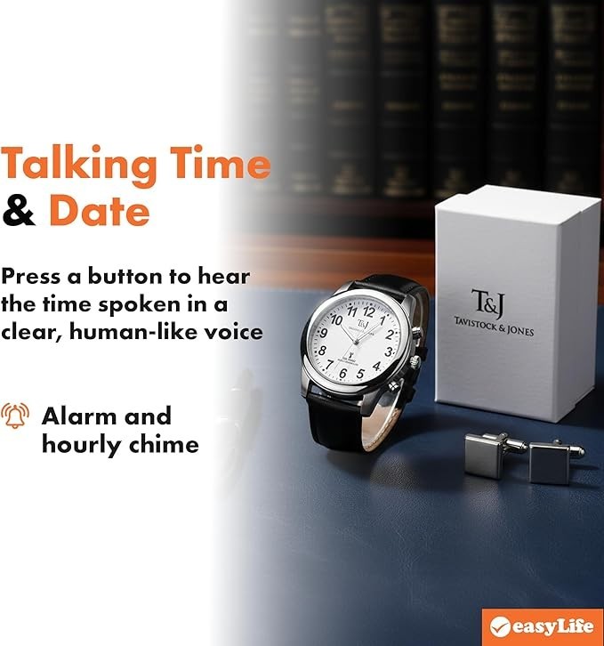 T&J Mens Radio Controlled Atomic Talking Speaking Watch Black Leather ...