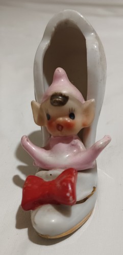 Vintage Ceramic Pink Elf Pixie in High Heeled White Shoe With Red Bow ...