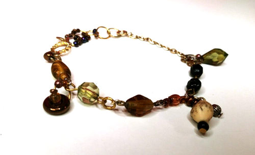 NEW BROZNE GOLD SILVER BROWN GREEN BEADED CHAIN CHARM BRACELET JEWELRY ...
