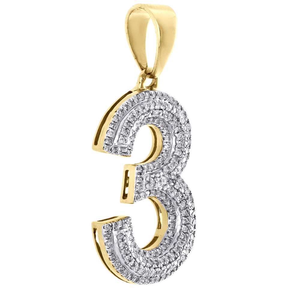 10K Yellow Gold Round Diamond Number 3 Bubble Pendant Pave Dome Charm 0 ...