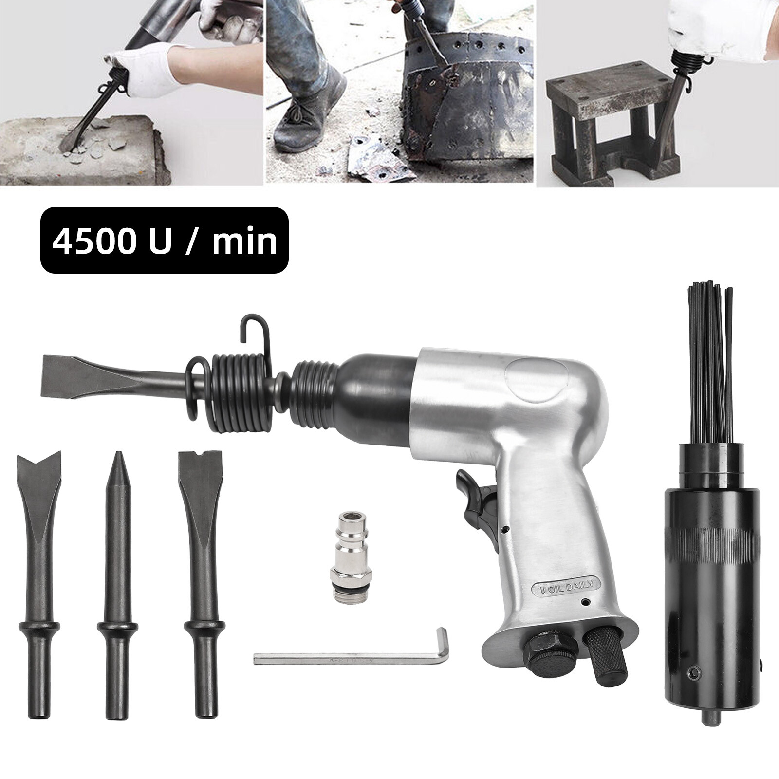150mm Air Hammer Drill Gun w/ 4x Chisels + Needle Descaler Paint Rust ...