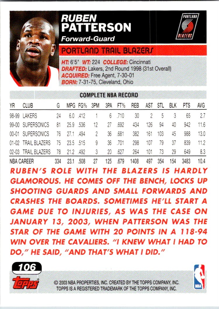 2003-04 TOPPS RUBEN PATTERSON PORTLAND TRAIL BLAZERS #106 | eBay