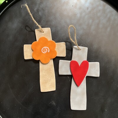 Pottery Cross Folk Art with Orange Flower and Red Heart Handmade. Set ...