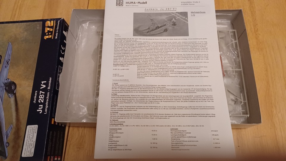 HUMA MODEL 1/72 JUNKERS JU 287 V1 BOMBER | eBay UK