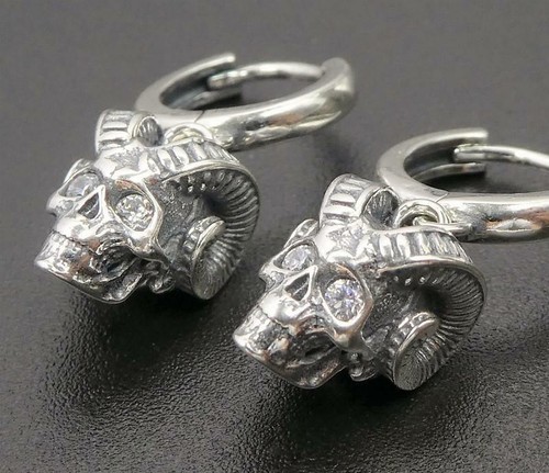 Sterling Silver Devil Demon Skull Horn Hoop Earrings Clear CZ Eyes ...