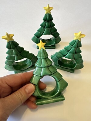 VTG Lot 4 Christmas Tree Napkin Rings Holders Ceramic Green Table Scape ...