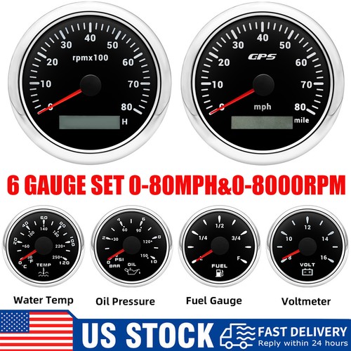 6 Gauge Set 85mm GPS Speedometer 0-80MPH&Tacho 8000RPM Gauge for Boat ...
