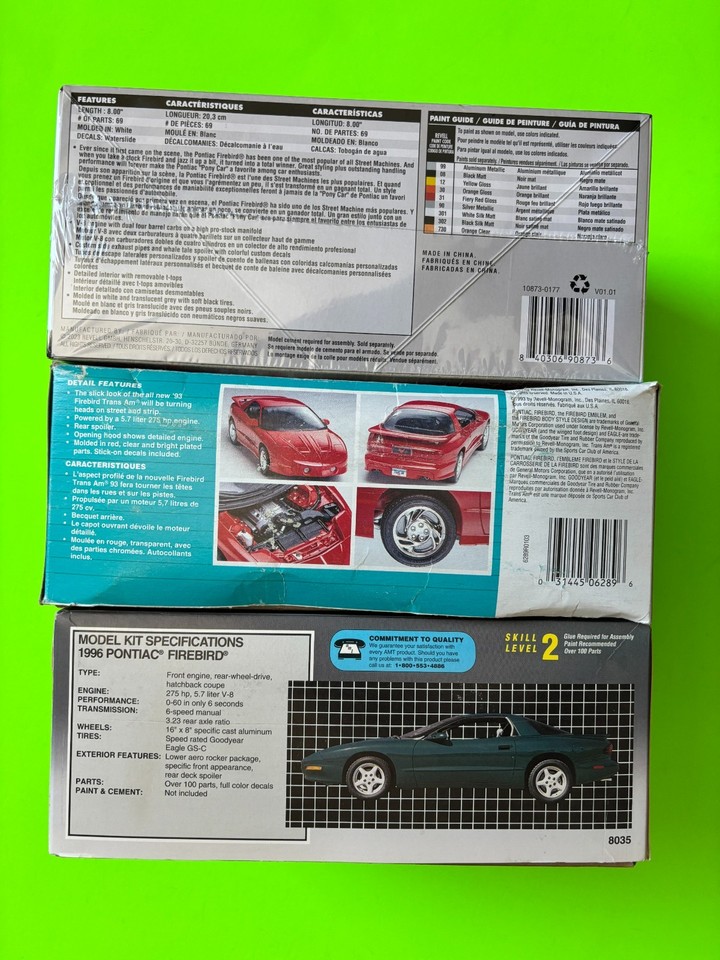 LOT OF 3 PONTIAC FIREBIRD MODEL KITS 1 EACH FROM AMT-REVELL-AND ...