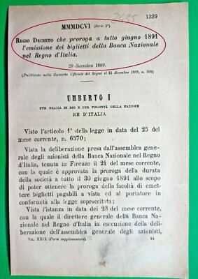 Royal Decree Extending L'em Issione Of Cards by Bank National REGNO ...