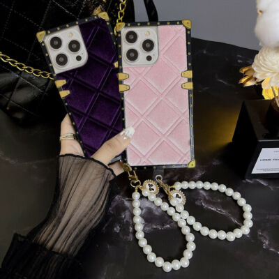 For iPhone 15 Pro Max 14 13 12 11 Luxury Velvet Leather Case with Chain ...