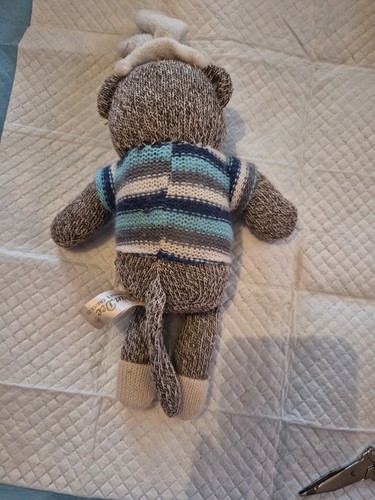 SOCK MONKEY w/Bunny Rabbit Ears light blue striped shirt 12" Dan Dee ...