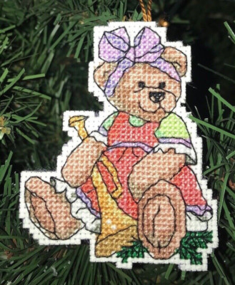 Handmade Cross Stitch Christmas Ornament-Completed-Teddy Bear-Girl-Horn ...