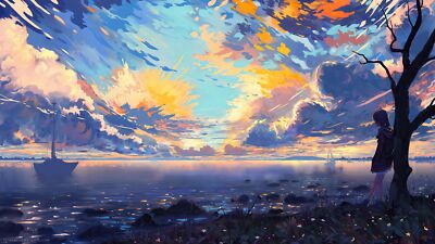 Anime nature coast clouds girls landscape deviantart Playmat Gaming Mat ...