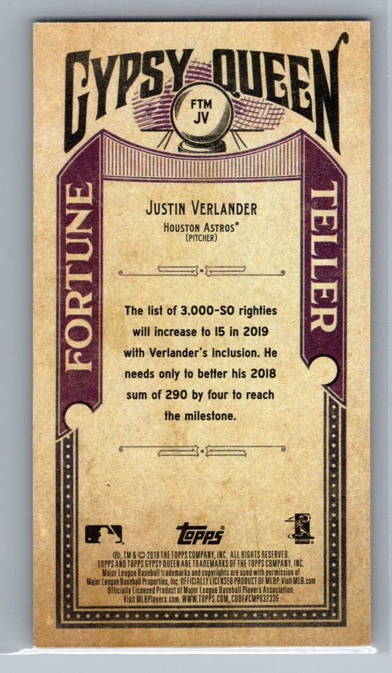 2019 Topps Gypsy Queen #FTM-JV Justin Verlander Fortune Teller Minis | eBay