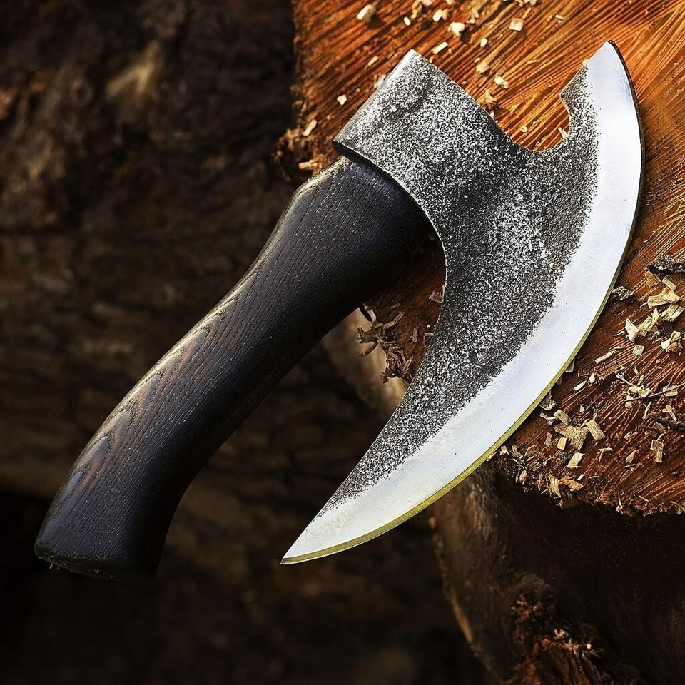 HAND FORGED PIZZA CUTTER AXE Camping VALHALLA Bearded Axe Viking Axe W ...