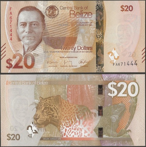 Belize 20 Dollars P76 B334 2025 UNC Banknote | eBay
