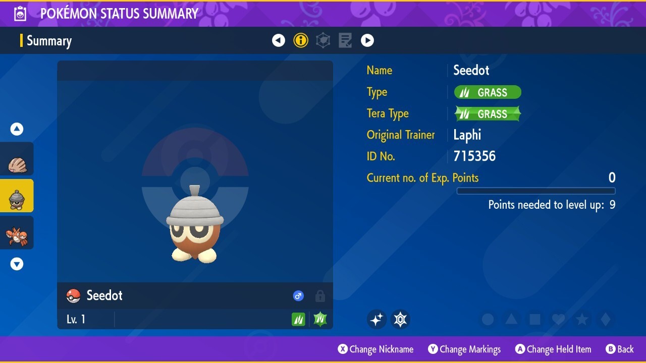 Seedot XXXL Shiny Egg Lv. 1 6IV Jumbo Mark Adamant Pokemon Scarlet ...