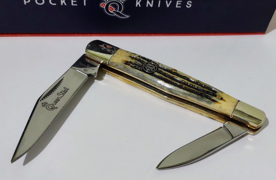 QUEEN BONE STAG POCKET KNIVES HUNTING POCKET KNIFE W/ DISPLAY CASE ...