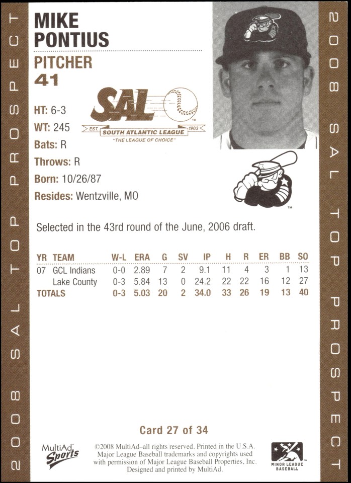 2008 MultiAd South Atlantic League #27 Mike Pontius Rookie Lake County ...
