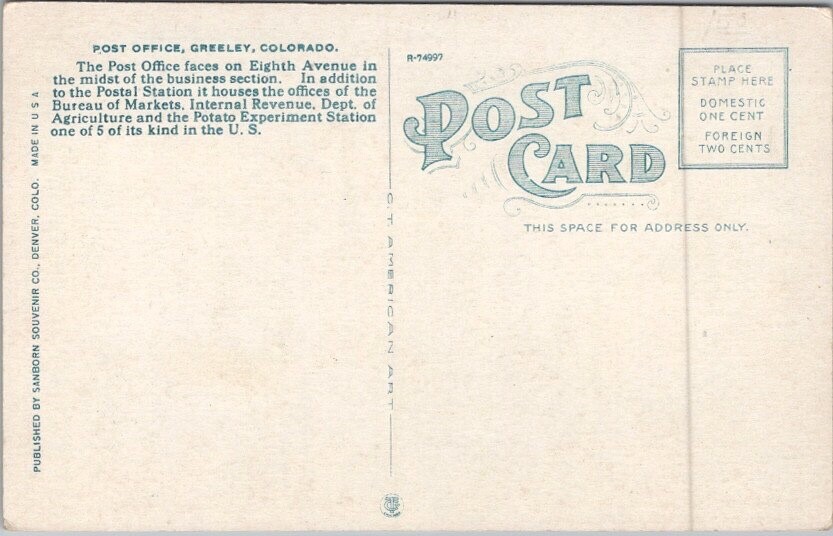 Greeley CO Postcard POST OFFICE POST OFFICE "Compliments of First ...