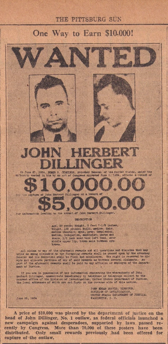 John Dillinger Wanted Poster
