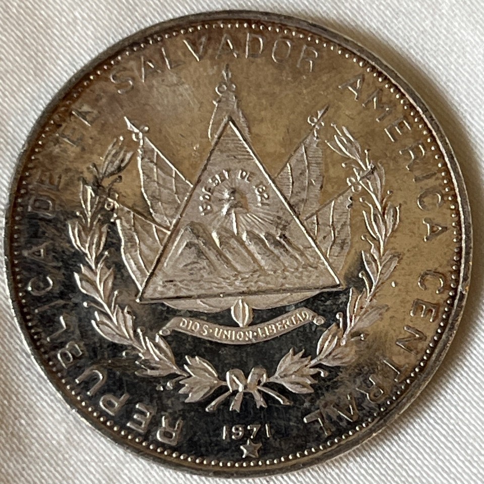 EL SALVADOR SILVER PROOF 5 COLON COIN 1971 YEAR 150th ANNI INDEPENDENCE ...